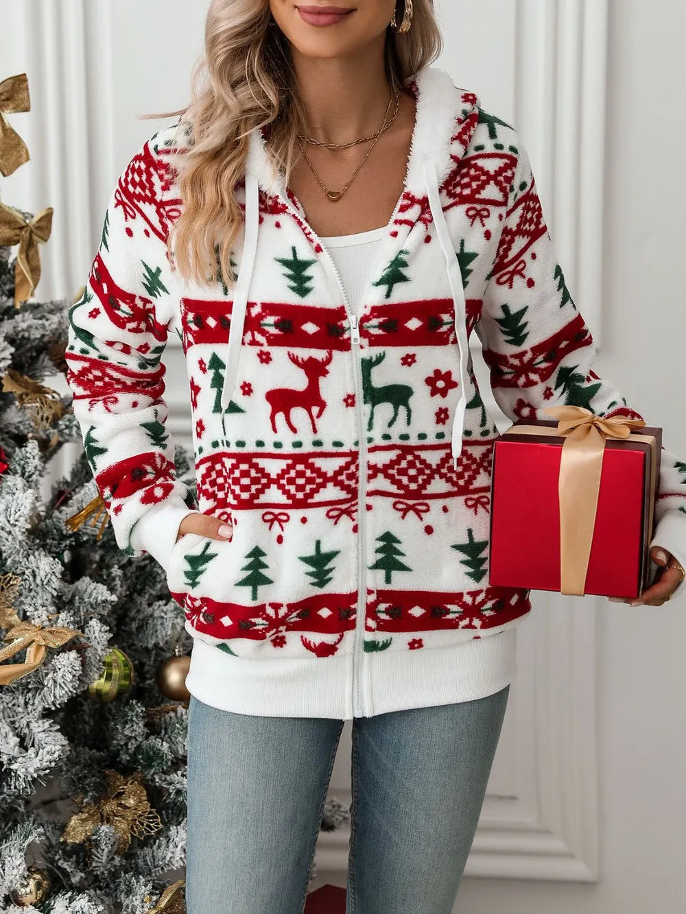 Drawstring Christmas Element Zip Up Hooded Jacket – Chromaa